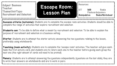 Recruitment and Selection - Escape Room Lesson | Teaching Resources