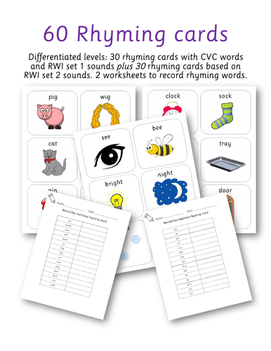 Reception/Year 1/Year 2 Rhyming flashcards - RWI set 1 and 2 sounds ...