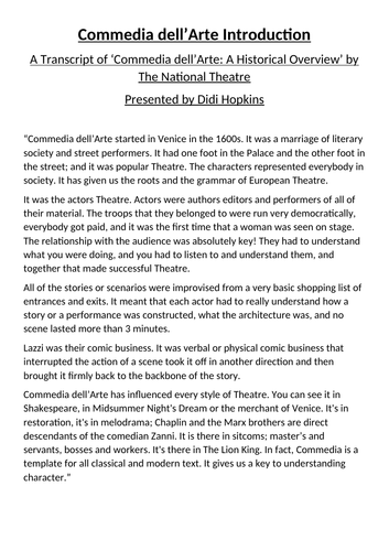 Drama Home Learning Commedia dell'Arte | Teaching Resources