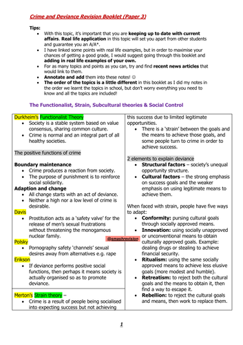 AQA A level Sociology Crime and Deviance Revision Booklet | Teaching ...