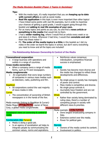 AQA A level Sociology The Media Revision Booklet | Teaching Resources
