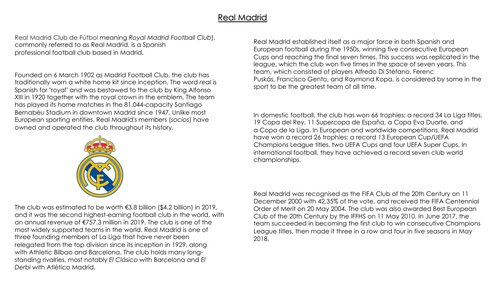 Real Madrid Information Text/ Comprehension | Teaching Resources