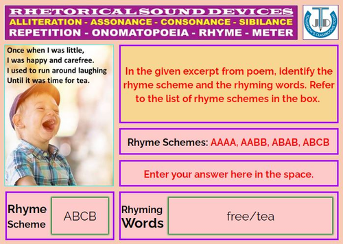 SOUND DEVICES - ALLITERATION, ONOMATOPOEIA, REPETITION, RHYME, METER ...