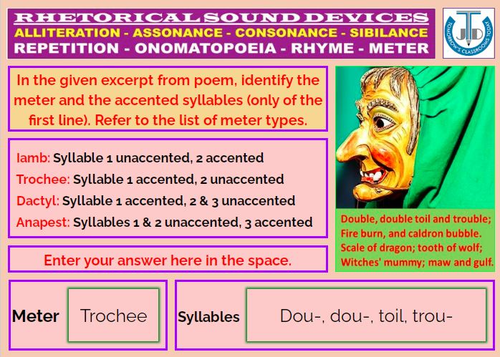 SOUND DEVICES - ALLITERATION, ONOMATOPOEIA, REPETITION, RHYME, METER ...