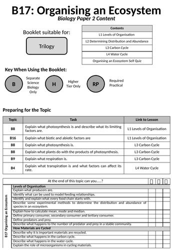 B17 Organising an Ecosystem Work Booklet and Answers | Teaching Resources