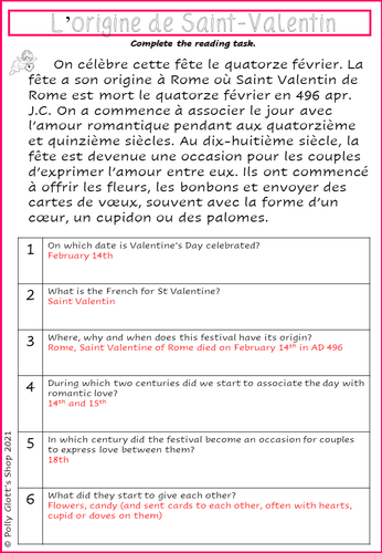 French Valentine's Day Year 7 La Saint Valentin | Teaching Resources