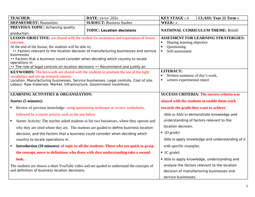 Location decisions Lesson Plan MS word doc.' IGCSE Business Studies ...