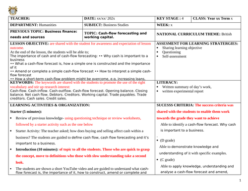Cash-flow forecasting and working capital. Lesson Plan. 'MS word doc ...
