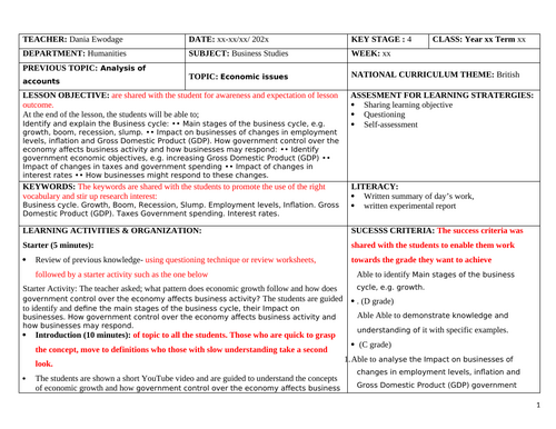 Economic issues Business cycle Government control Lesson Plan 'MS word ...