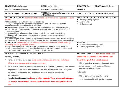 Environmental Concerns and ethical issues Lesson Plan 'MS word doc ...