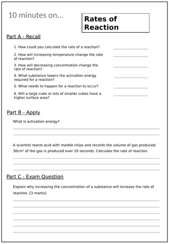 GCSE Recall Worksheet - Rates of Reaction | Teaching Resources