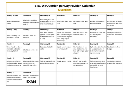BTEC DIT component 3 revision calendar practice exam questions and ...