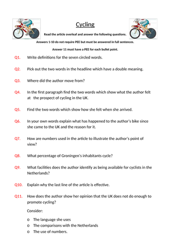 KS3 Non-Fiction Comprehension: Cycling | Teaching Resources