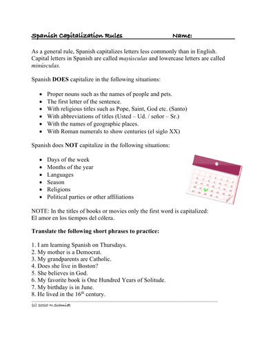 Spanish Capitalization Rules Handout / Worksheet (Mayúsculas y ...