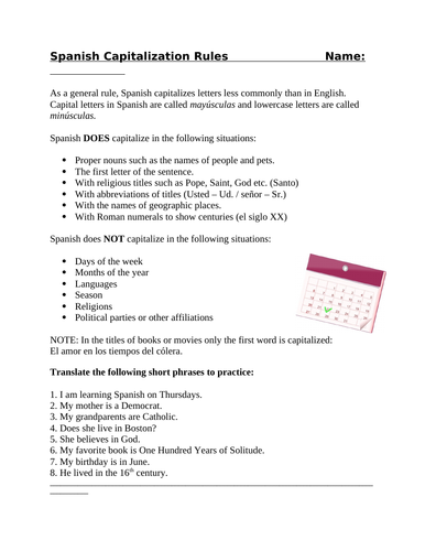 Spanish Capitalization Rules Handout / Worksheet (Mayúsculas y ...