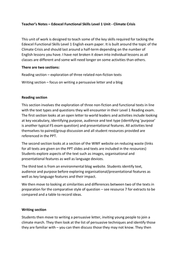 Edexcel Functional Skills in English: Level 1 Unit - Climate Change ...