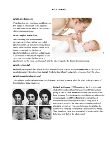 AQA A Level Psychology- Attachments- Infant- caregiver interactions | Teaching Resources
