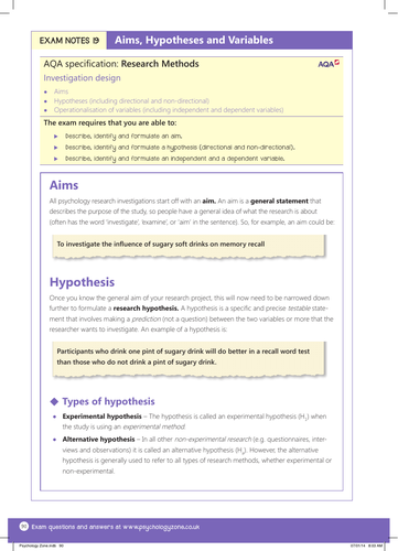 Research Methods: Aims and Hypothesis (IV and DV) | Teaching Resources