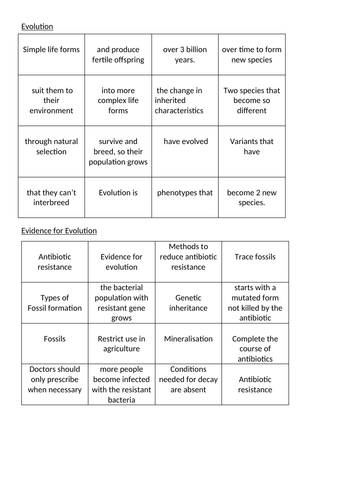 Revision Aid. Key word pattern matching. Evolution, through Environment. | Teaching Resources