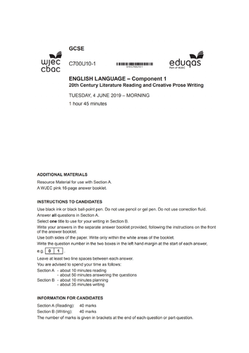 EDUQAS-style GCSE English Language Component 1 | Teaching Resources EDUQAS-style GCSE English Language Component 1 | Teaching Resources