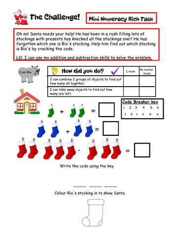 Christmas addition and subtraction problem solving code breaker nursery ...