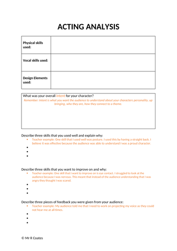 Character Acting Analysis Sheet | Teaching Resources