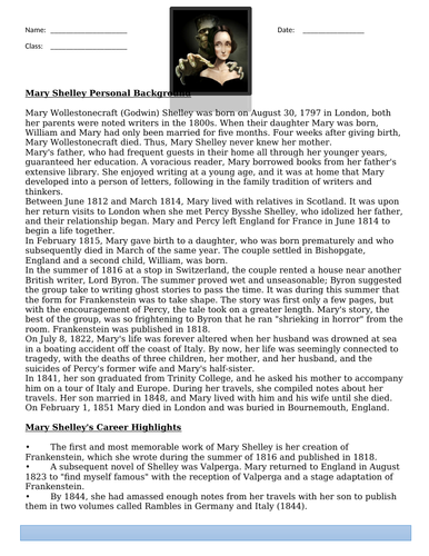 Mary Shelley Biography Comprehension | Teaching Resources
