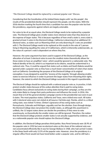 Electoral College Essay Edexcel A* | Teaching Resources
