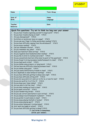 Pre ALN/SEN assessment questions | Teaching Resources