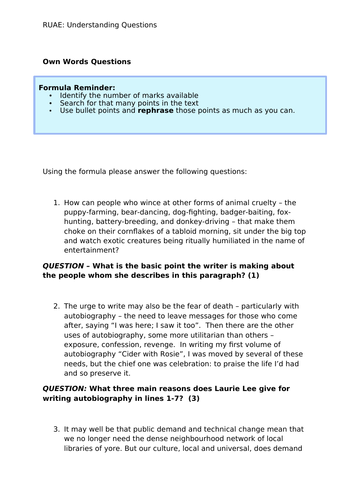 Close Reading/RUAE Higher/GCSE/A-Level Understanding Questions ...
