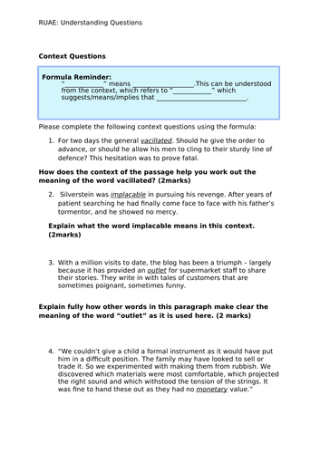 Close Reading/RUAE Higher/GCSE/A-Level Understanding Questions ...