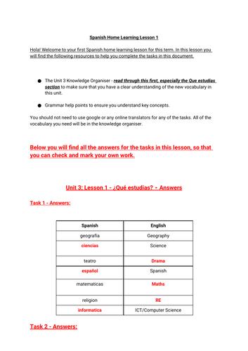 Las Asignaturas Y7 Spanish Remote Learning | Teaching Resources