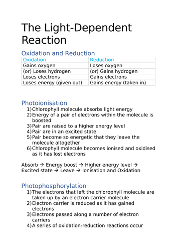 A Level Biology- The Light-Dependent Reaction Notes | Teaching Resources