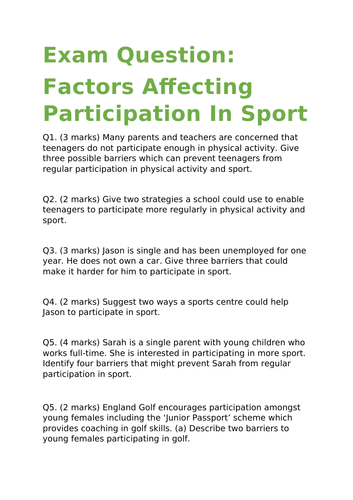 OCR Sport Studies LO1 Knowledge Organiser and Questions | Teaching ...