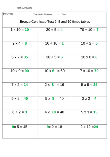 Bronze Times Tables | Teaching Resources