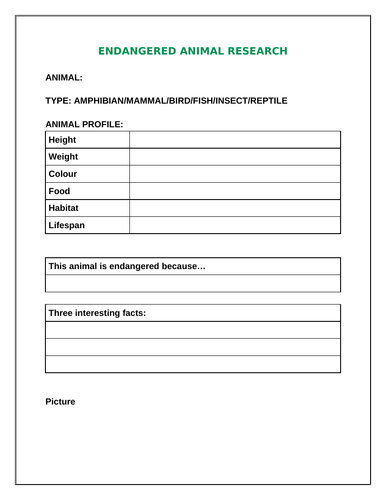 Endangered Animal Research Template | Teaching Resources
