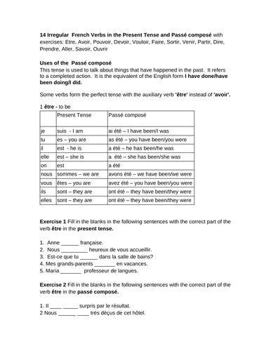 14 irregular French verbs in the present, passe compose, immediate ...