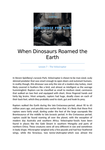 The Velociraptor | Distance Learning | Audio & Comprehension Worksheets ...