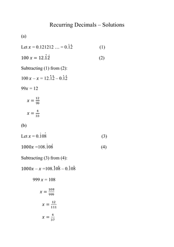 Recurring Decimals - Rational Numbers | Teaching Resources