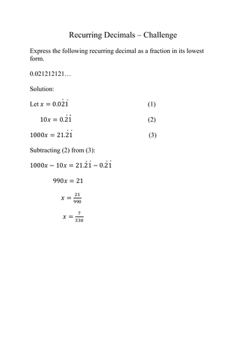 Recurring Decimals - Rational Numbers | Teaching Resources