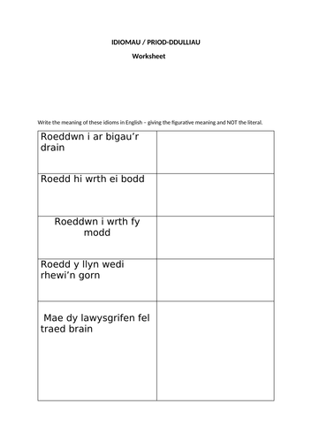 Printable Worksheet on Welsh idioms for Second Language Welsh GCSE ... Printable Worksheet on Welsh idioms for Second Language Welsh GCSE ...