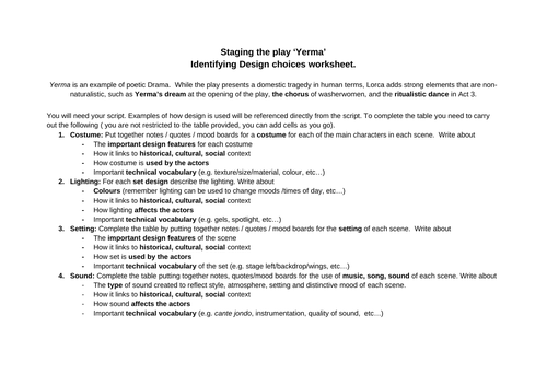 Yerma - Staging the play through Design | Teaching Resources