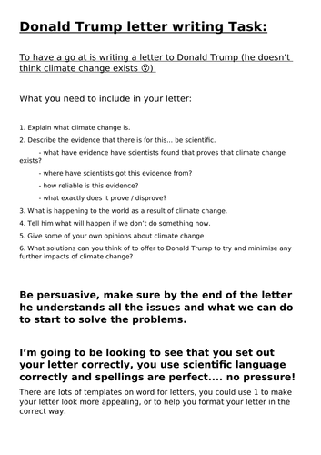 Independent learning task: Donald Trump letter writing about Climate ...
