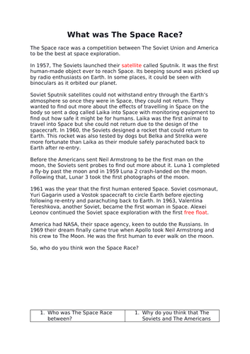 What was The Space Race? - Reading Comprehension Guided Reading Y4 Y5 ...