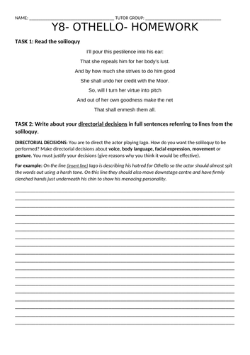 KS3 DRAMA OTHELLO SOL | Teaching Resources