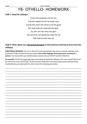 KS3 DRAMA OTHELLO SOL | Teaching Resources