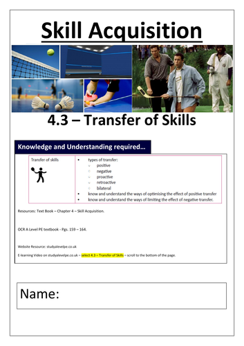 OCR A Level PE - Skill Acquisition ILT3 - Transfer of Learning / Skills ...
