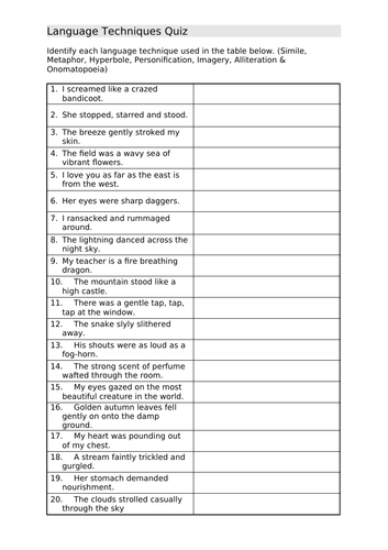 Language Techniques Quiz | Teaching Resources Language Techniques Quiz | Teaching Resources