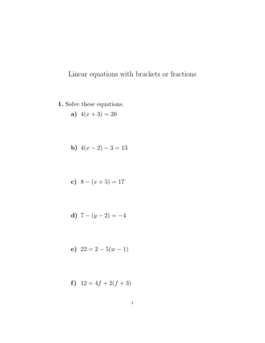 Linear equations with brackets or fractions worksheet no 2 (with ...