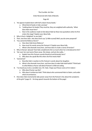 The Crucible Act One - Study questions (and answers!) with detailed ...